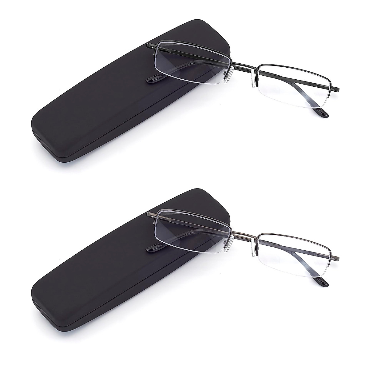 HIGHLIKE 2-Pack Blue Light Blocking Reading Glasses with Hard Cases, Semi Frame Spring Hinge Readers Glasses,Black Gunmetal 1.5 x