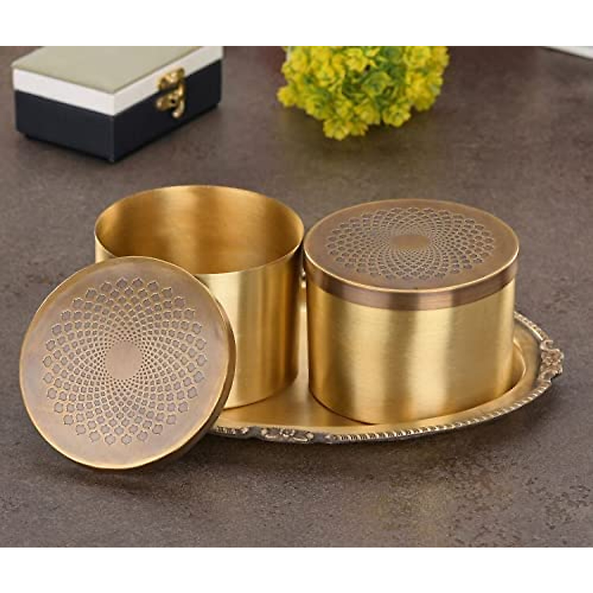 Acewood Brass Canister with tray dry fruit box nuts box dry fruit tray gift box Dry Fruit Containers Multi Utility Storage Containers set of 2., Golden