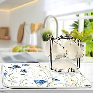 ElliTarr Daisy Floral Blue Dish Drying Mat for Kitchen Counter Microfiber Absorbent Dish Drainer Mat Small Kitchen Drying Rack Mat Heat Resistant Drying Pad for Counter 16 x 18