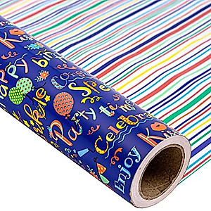 MAYPLUSS Reversible Wrapping Paper Roll - Mini Roll - 17 Inch X 32.8 Feet - Birthday Design (47.3 sq.ft.ttl)