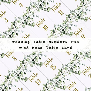 26 Pieces Wedding Table Numbers Cards 1-25 with Head Table Numbers Greenery Eucalyptus Table Cards Double Sided Party Table Numbers for Wedding Reception Baby Shower Birthday Bridal Party (Gold)