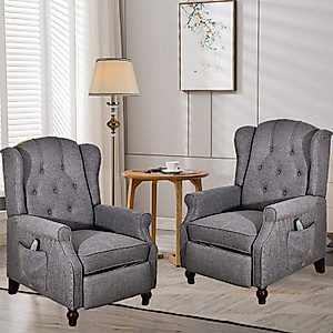 BINGTOO Recliner Chair with Massage and Heat 2 Chairs Set- Accent Chairs for Living Room- Tufted Fabric Push Back Recliner Chair, Footrest and Nailhead Trim, Wooden Legs, Wingback (Double, Gray)