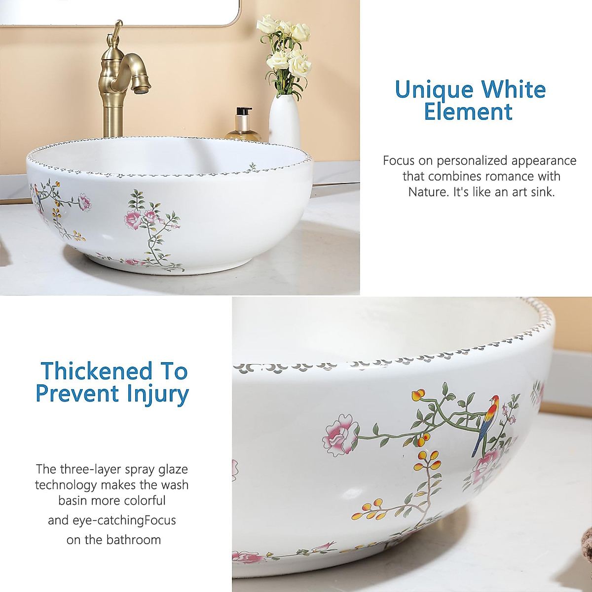 Sinku Mccut Ceramic Bathroom Vessel Sink with Faucet and Drain Combo Artistic Hand Painted Round Bathroom Sink Bowl Above Counter Batnroom Sinks