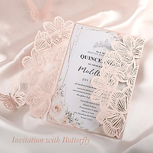 50pcs Pink Wedding Invitations Personalized with Envelopes and RSVP Cards Blank Laser Cut Hollow Flower Invitation Kits Butterfly Invitations for Engagement Wedding Birthday Party Bridal Shower