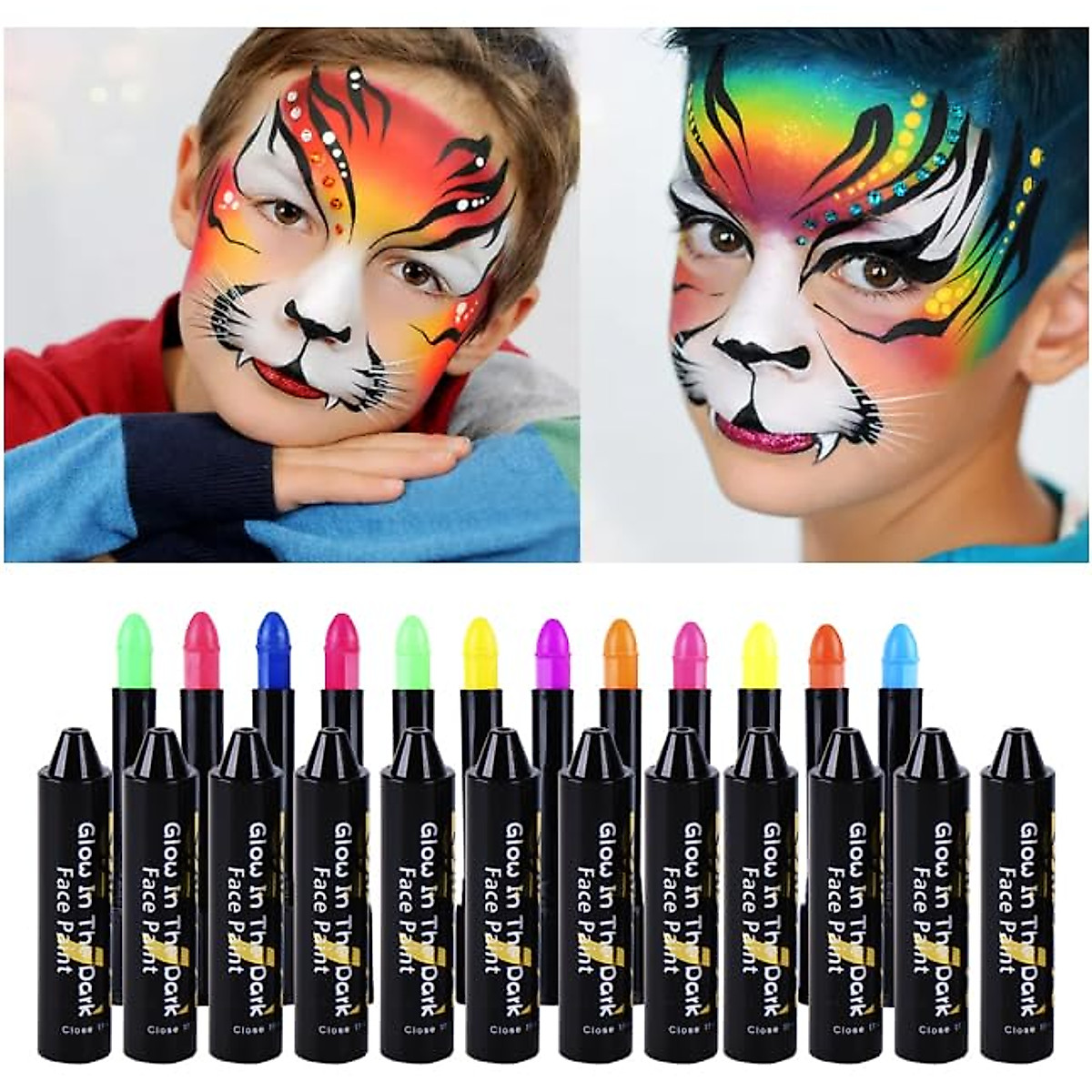 12 Color Glow in The Black Light Face & Body Paint,UV Neon Glow Fluorescent Face Paint Crayons for Halloween Club Makeup Xmas Glow Party