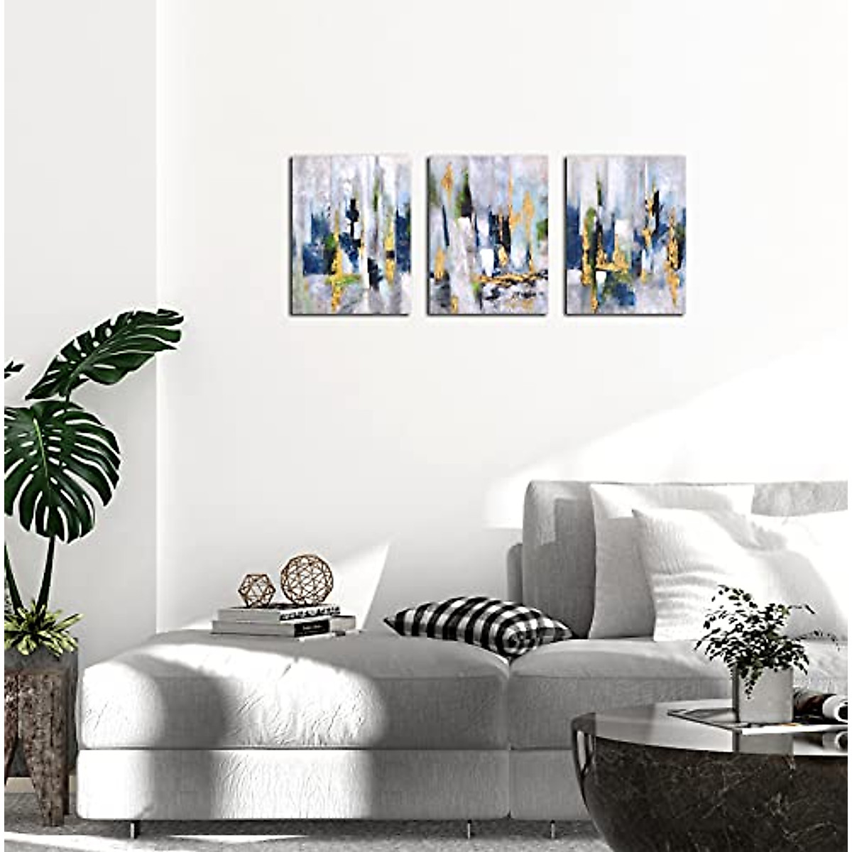 Yuegit Blue Abstract Canvas Wall Art for Living Room :3 Piece Wall Art Framed for Bedroom Wall Decor Coastal Abstract Wall Art Ready To Hang 12X16 Inch Each