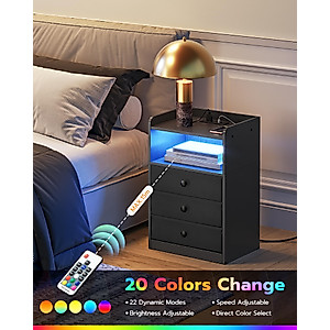 CHOEZON Nightstand with Charging Station and LED Light, Side Table with 3 Fabric Drawers Chest, End Table with USB Ports and Outlet, Bedside Table for Living Room, Bedroom, Black MBZ04UDBB