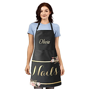 MakeUnique Nail Salon Black Personalized Aprons for Women Men Kitchen Cooking Baking Housework Hairstylist Barber Chef Apron with Pockets, 27.56x31.5 inch
