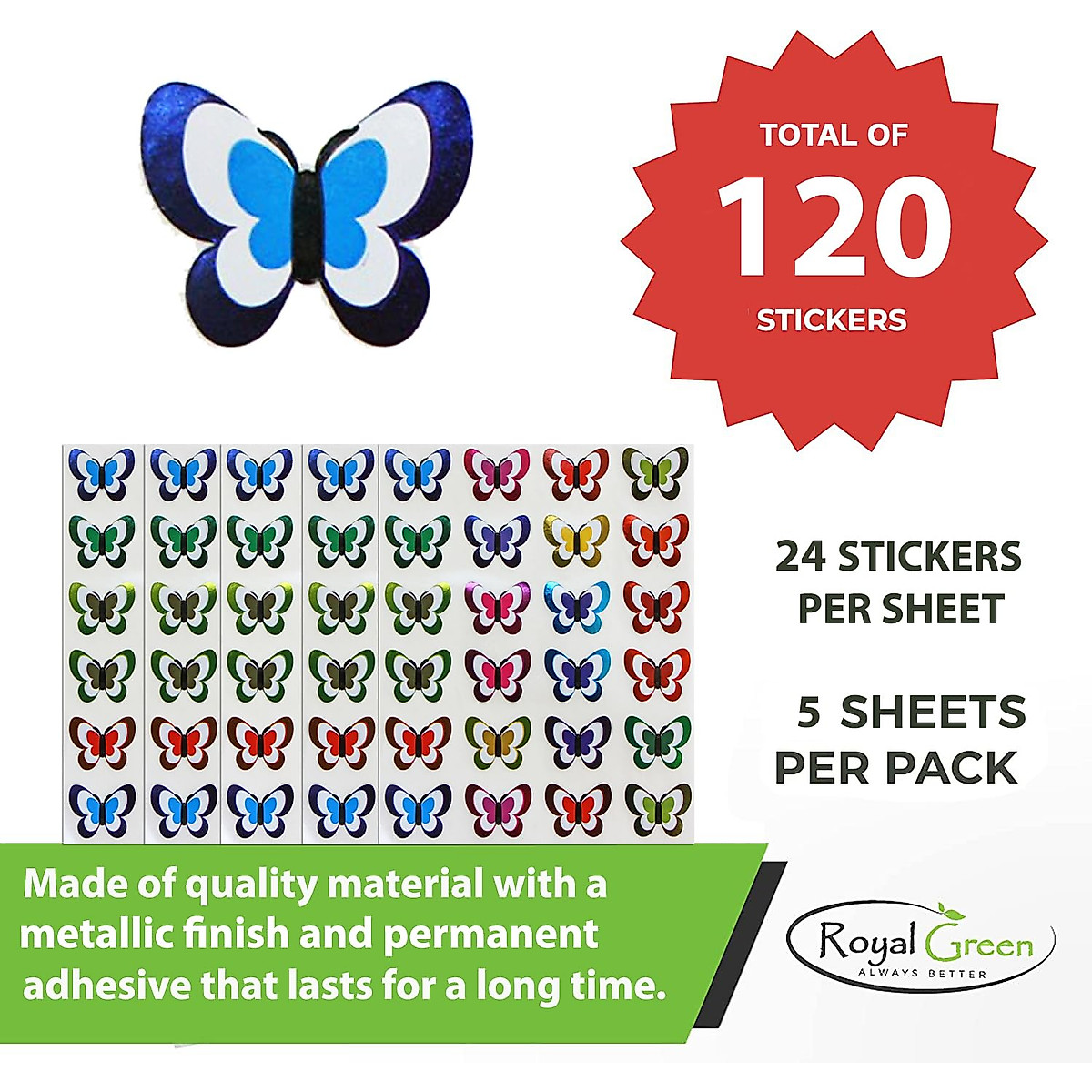 Royal Green Metallic Butterflies Stickers for Kids, Scrapbooking Sticker for Arts and Crafts - Permanent Adhesive - 120 Pack