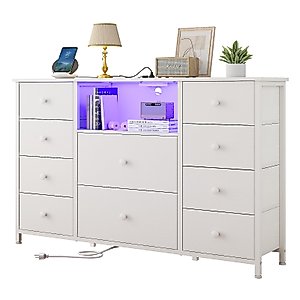 LDTTCUK Dresser with Charging Station and LED Lights, Long Dresser for Bedroom Dresser TV Stand with 10 Drawers, Fabric Chest of Drawers with PU Finish, Wide Dresser Storage Organizer, White