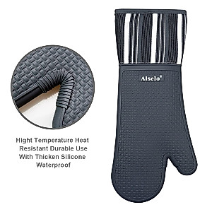 Alselo Silicone Oven Mitts Heat Resistant 550 Degree Extra Long Kitchen Gloves Pot Holders with Waterproof and Non-Silp for Baking Cooking Barbecue Microwave Machine Washable (Extra Long Grey, 2)
