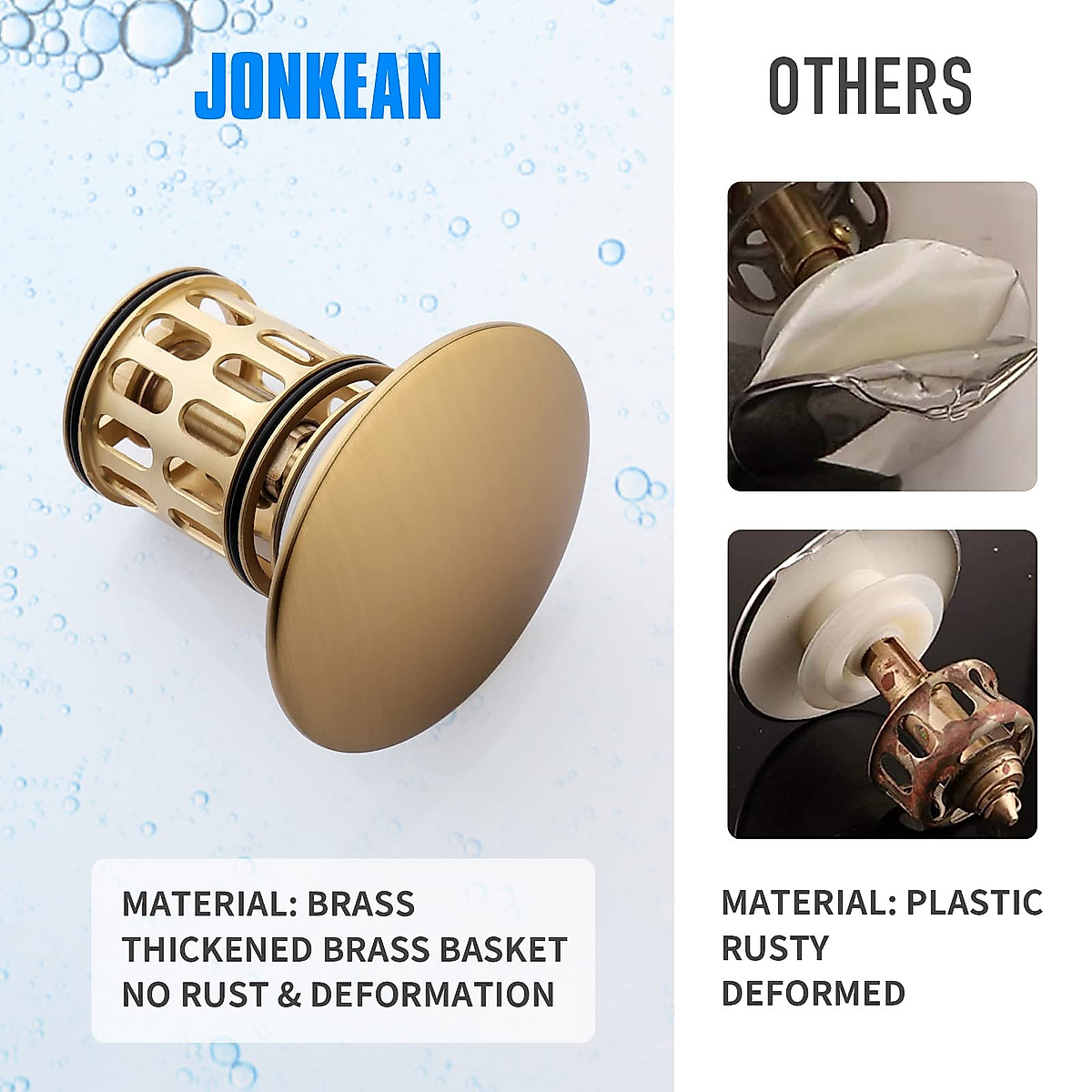 JONKEAN Bathroom Pop Up Drain Without Overflow,Vanity Vessel Sink Drain with Detachable Strainer Basket,Pop Up Drain Stopper Hair Catcher, Built-in Anti-Clogging Strainer(Brushed Gold)