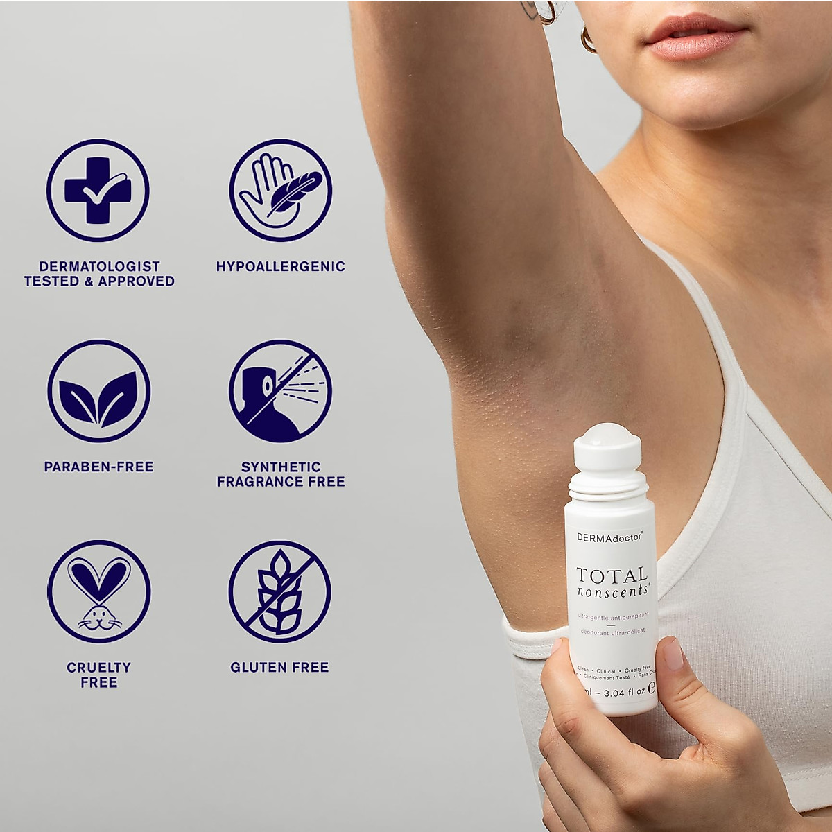 DERMAdoctor Total NonScents Ultra-Gentle Antiperspirant Sensitive Skin. Unscented, Clinical Strength Antiperspirant for Men & Women; Hypoallergenic Roll On Deodorant - 3 oz