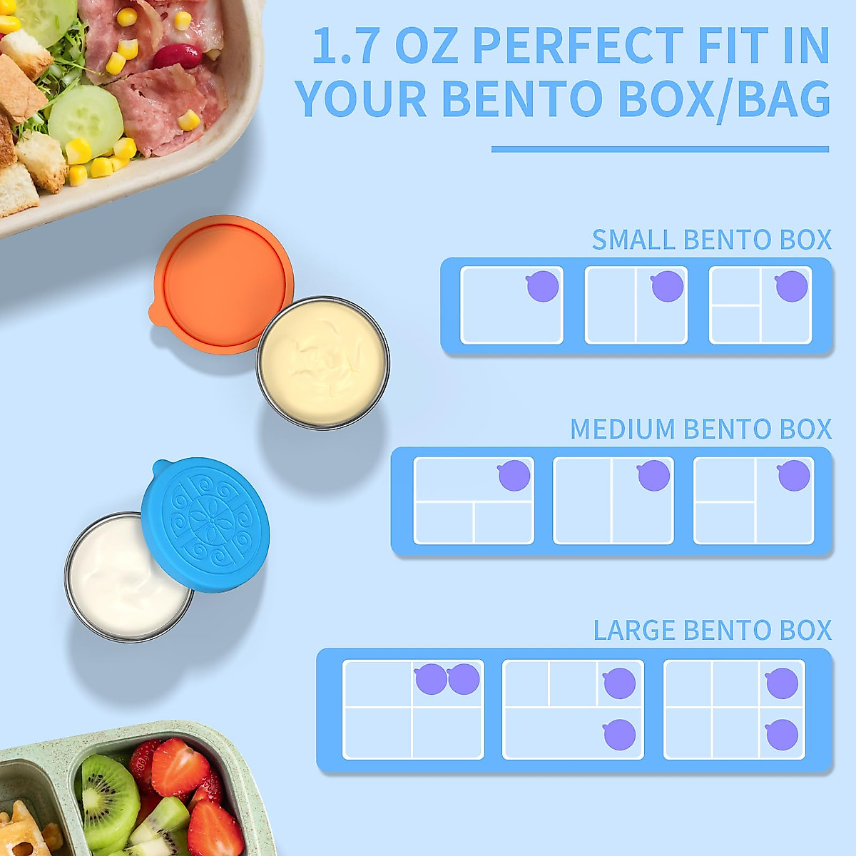 6 Pack Salad Dressing Container To Go, 1.7oz/50ml Reusable Small Condiment Containers with Lids, Leakproof Silicone Lids Stainless Steel Sauce Cups Containers for Lunch Box, Picnic and Travel