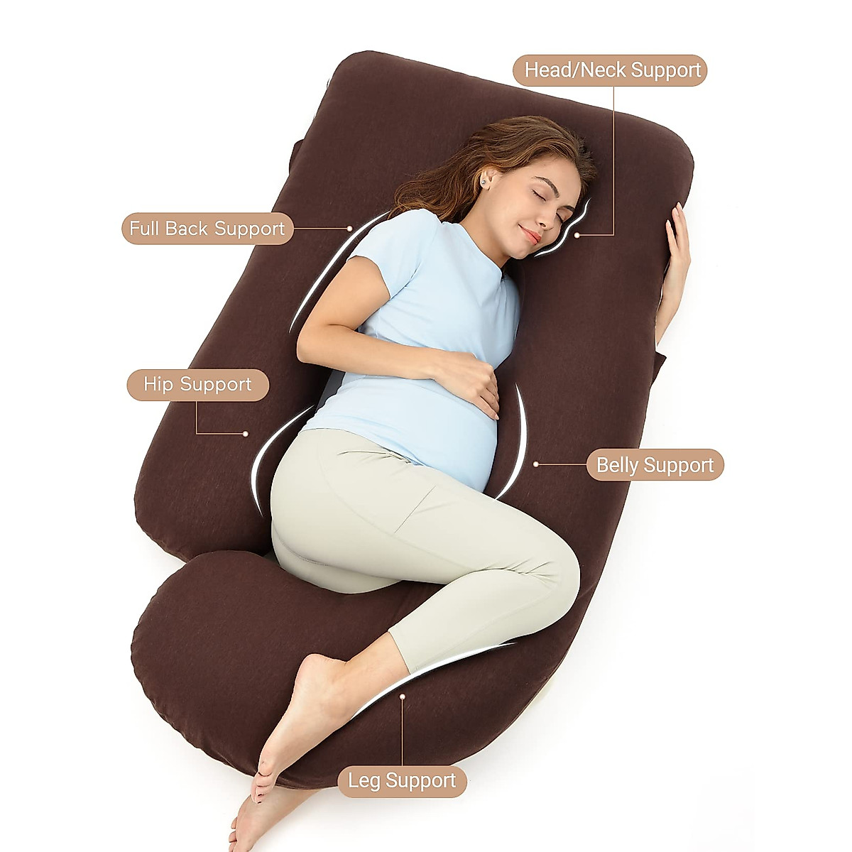 Momcozy Pregnancy Pillows for Sleeping, U Shaped Full Body Maternity Pillow for Side Sleeping - Support for Back, Legs, Belly, Hips, 57 Inch, Brown