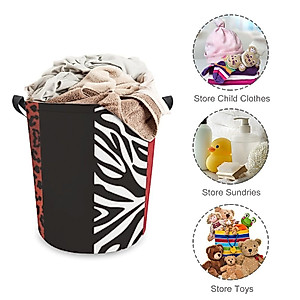 Red Leopard And Zebra Animal Print Laundry Basket Large Round Canvas Laundry Hamper with Handles Foldable Storage Bin for Dirty Clothes Hamper Bedroom Bathroom