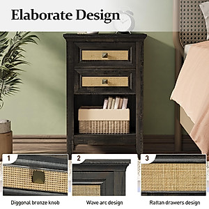 RoyalCraft Nightstand Set of 2, Accent Bedside Table with 2 Rattan Decor Drawers and Large Storage Shelf, Boho Wood End Table Organizer for Bedroom, Living Room, Coffee