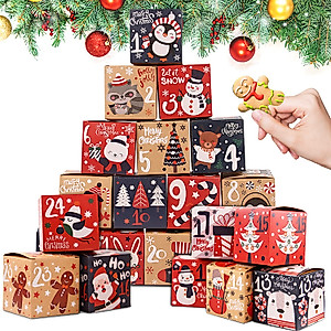 LOKIPA Christmas Advent Calendar Boxes, 24 Days Kraft Paper Advent Countdown Gift Boxes for Kids and Family