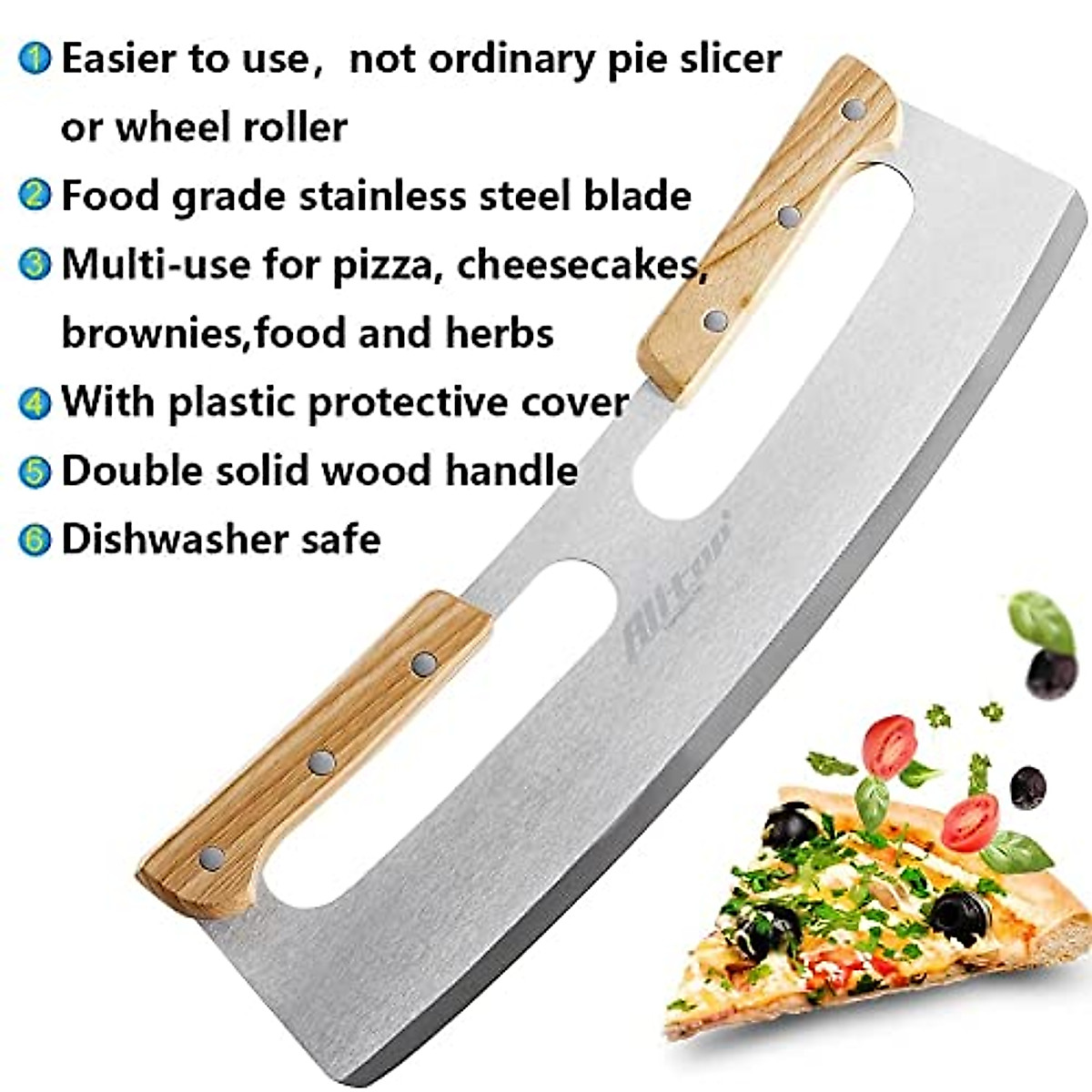 ALLTOP Pizza Cutter Rocker,Stainless Steel Blade Knife With Double Wooden Handle & Plastic Cover, Large Pizza Slicer/Chopper,Good Kitchen Tool -14 In