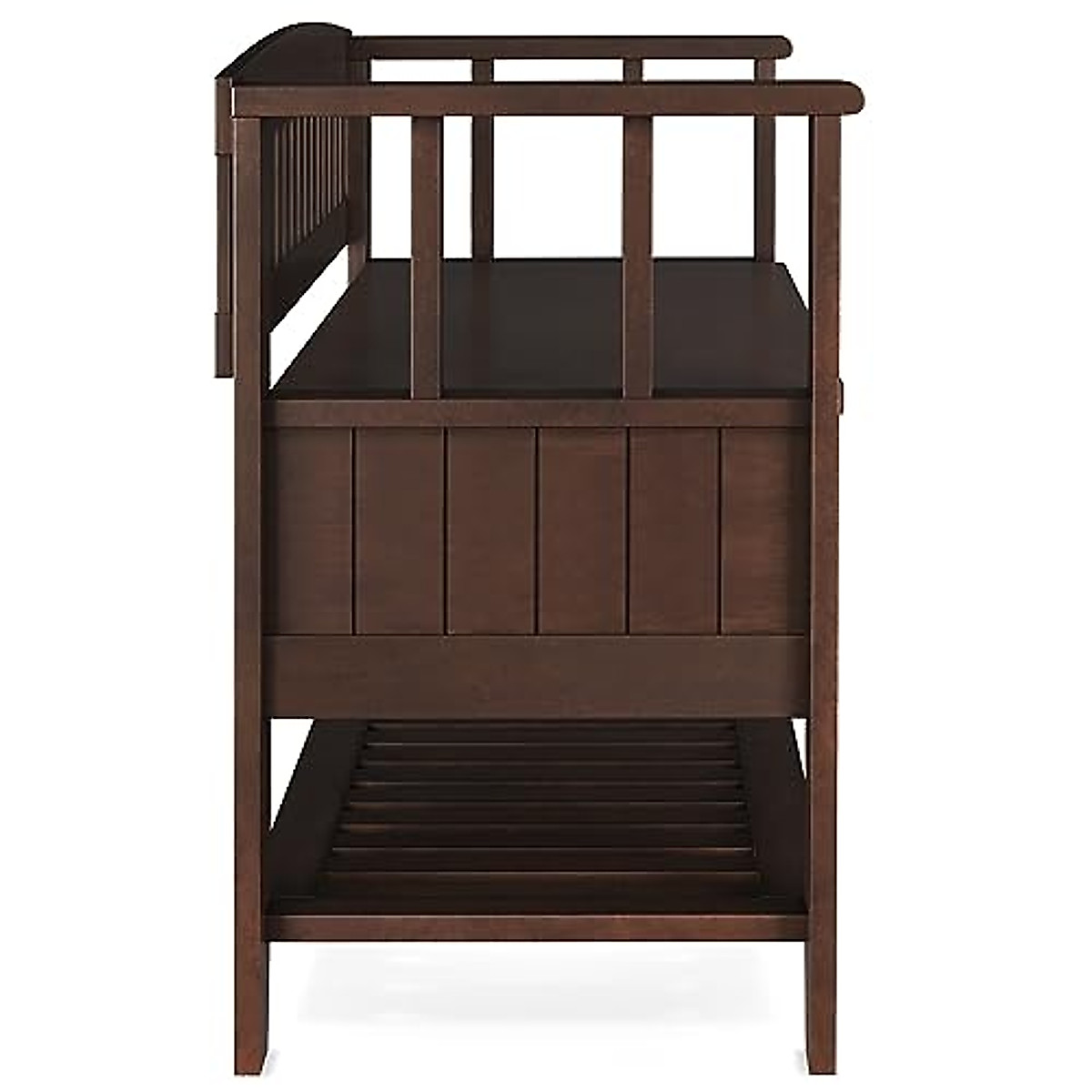 SIMPLIHOME Acadian Solid Wood 48 Inch Wide Transitional Entryway Storage Bench with Shelf in Brunette Brown, for The Living Room, Entryway and Family Room