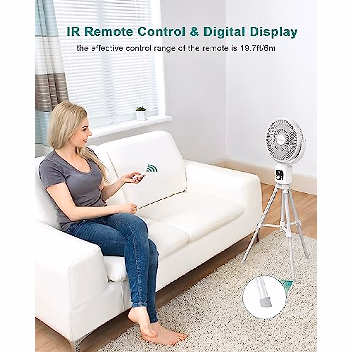 Coohea Oscillating Fan 11" Standing Fan with Detachable Tripod 12000mAh Rechargeable Battery Floor Fan Quiet White Pedestal Fan with Remote for Indoor Outdoor Home Bedroom, Adjustable Height & 6-Speed
