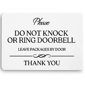 Do Not Knock or Ring Doorbell Sign (White Acrylic 5 x 3.5 in) - Please Do Not Ring Doorbell Sign - Dont Ring Doorbell Sign - Do Not Knock Sign - No Soliciting Sign for House Door - No Solicitors Sign