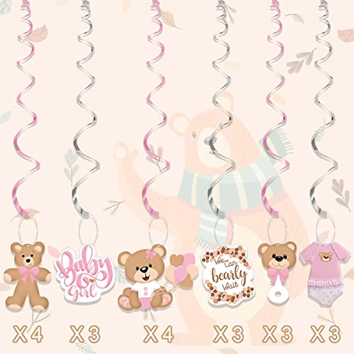 20Pcs Pink Bear Baby Shower Hanging Swirls Decorations, We Can Bearly Wait Kids Bear Themed Foil Ceiling Swirls for It's A Girl Gender Reveal Photo Prop Hanging Decor Streamers Birthday Party Supplies