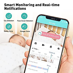 Simyke Smart Video Baby Monitor WiFi Smart Phone 1080P Camera,AI Detection,Cry Monitor and Lullabies,HD Night Vision,Two-Way Audio,Cloud & SD Card Storage,Connect Smart Watch App Control