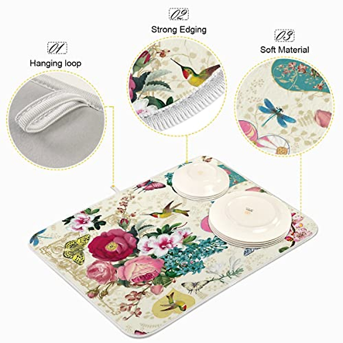 Beautiful Flower Dish Drying Mat For Kitchen Counter, Ultra Absorbent Reversible Microfiber, and Protector for Kitchen Countertops 18 In x 24 In
