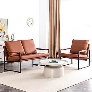 RIGHTPARTS Modern Two-Seater Sofa Chair, Living Room Sofa with 2 Pillows,PU Leather Sofa Bed, High-Density Foam, Black Coated Metal Frame,Brown