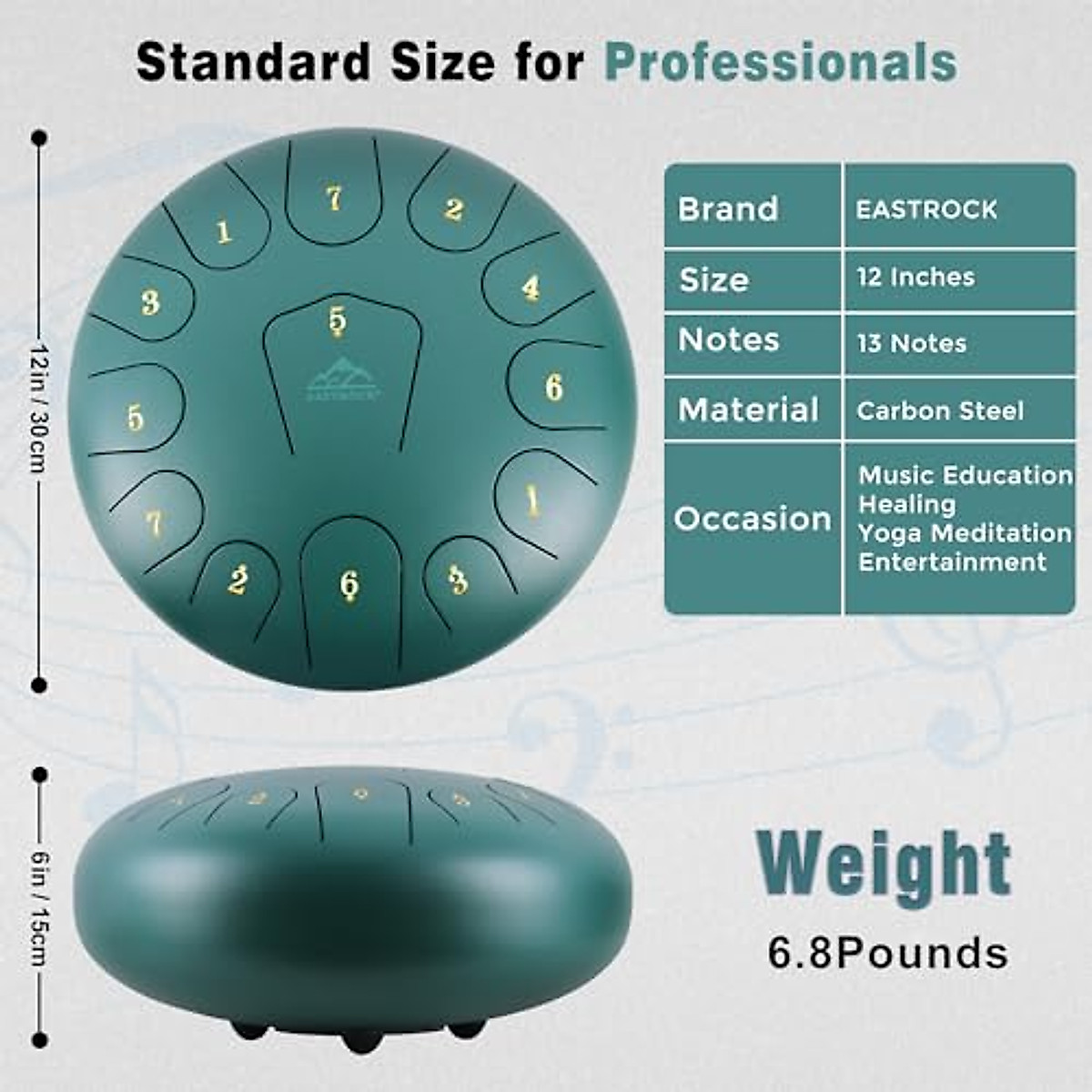 EASTROCK Steel Tongue Drum 13 Notes 12 Inches Percussion Instrument Handpan Drum C Key for Meditation Entertainment Concert Yoga with Travel Bag, Mallets, Music Book (Green)