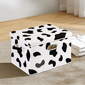 ANMINY 2PCS Large Storage Bins Cow Print Foldable Cotton Linen Lidded Box Basket Cubes Set with Removable Lids PP Plastic Board Handles Label Window Home Closet Shelf Clothes Toys Organizer Containers