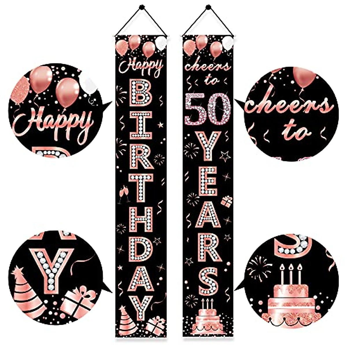 50th Birthday Decorations Door Banner for Women, Cheers to 50 Years Party Supplies Decor, Rose Gold Happy Fifty Year Old Birthday Porch Sign for Indoor Outdoor