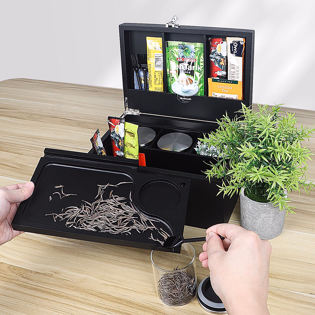 lotmusic Large Storage Box with Removable Slide-Out Tray,Bamboo Decorative Box with 3-Pack Glass Jars Cleaning Brushes,Home Decoration Black Storage Box with Combination Lock for Gifts