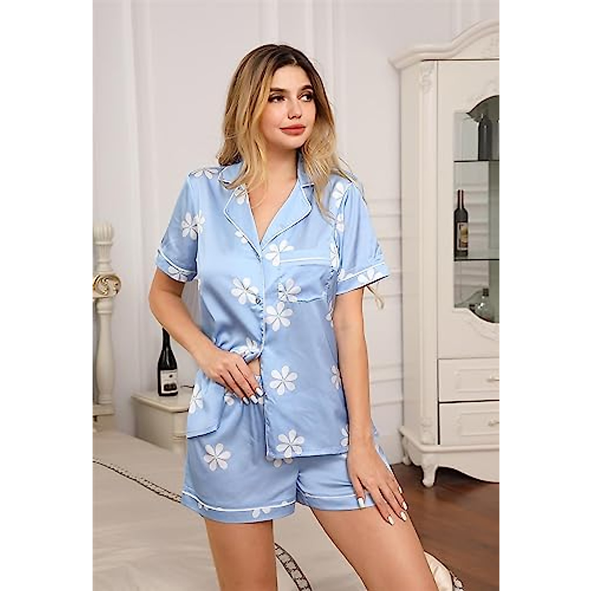 KINA FANG Women’s silk satin pajamas short sleeve loungwear button down sleepwear PJ Set L