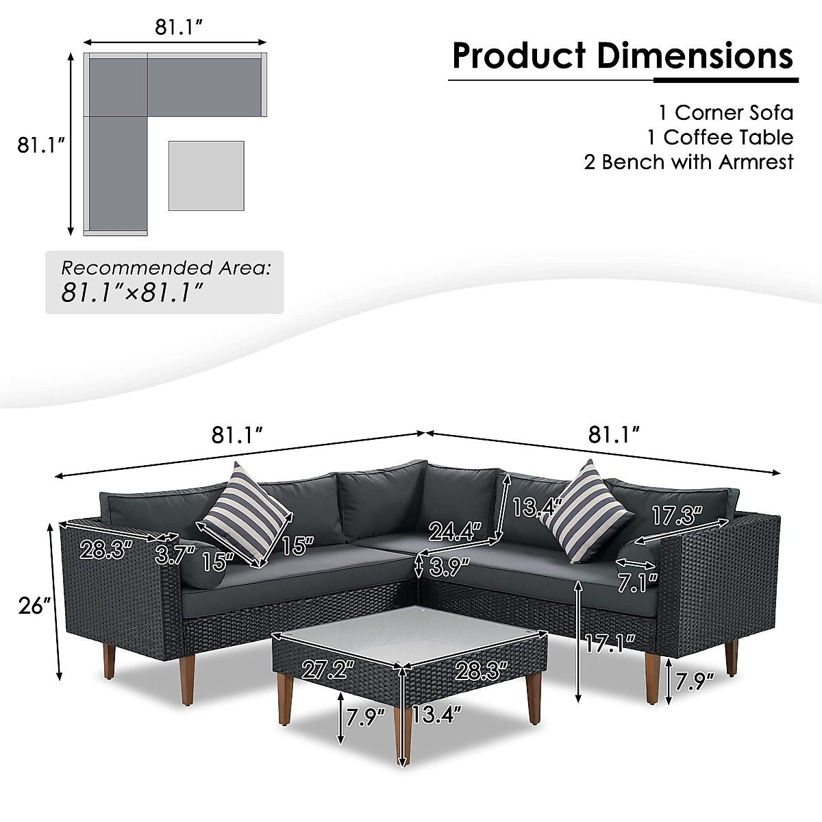 Merax 4 Pieces Patio Conversation Sets,Outdoor Rattan Sectional Sofa Couch Furniture with Cushions Pillows and Coffee Table, Black