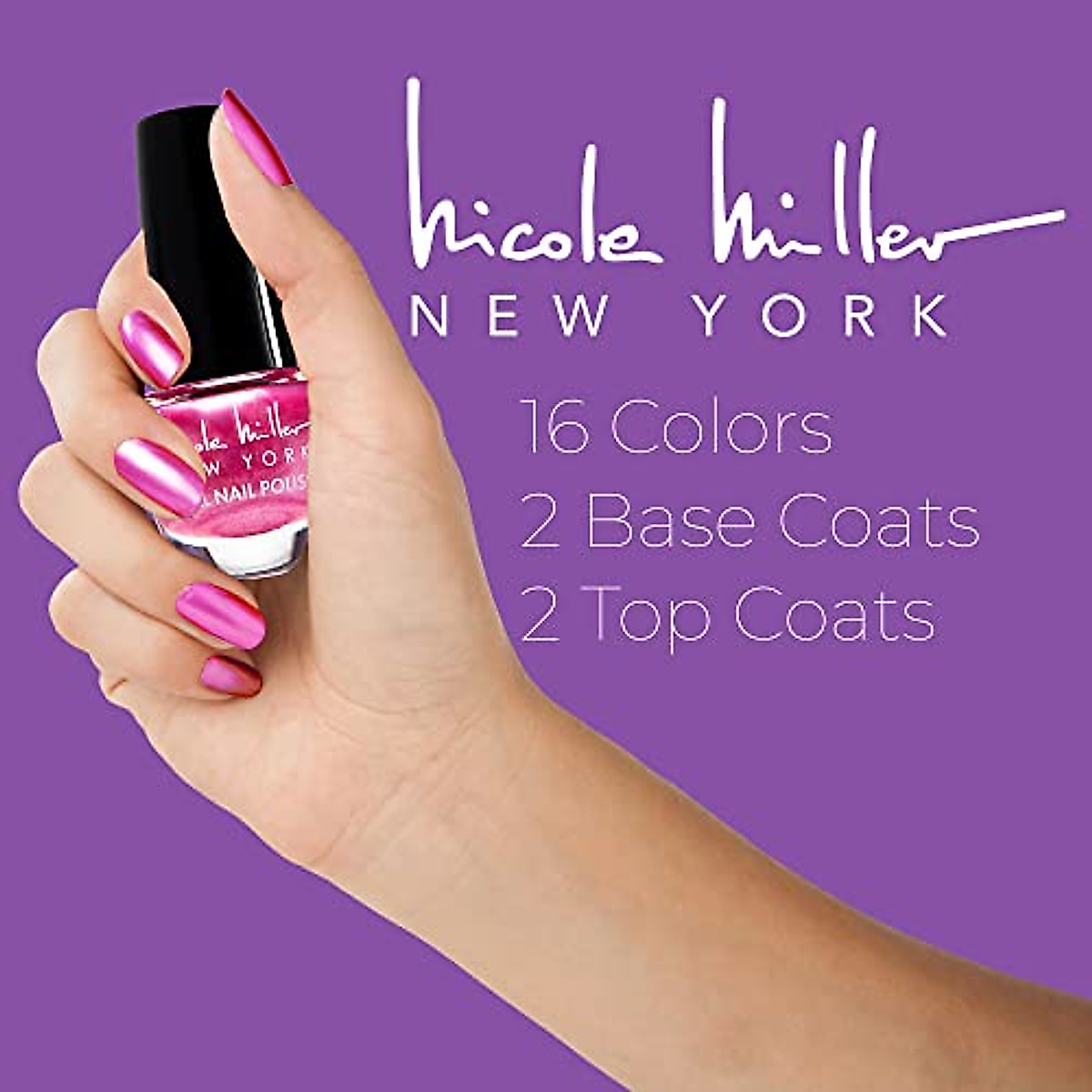 Nicole Miller 16 Colors Nail Polish Set + 2 Base Coats + 2 Top Coats – Glossy Colors Manicure Set - Long Lasting Fingernail and Toenail Polish for Women and Teen Girls