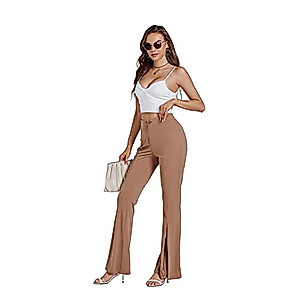 LYANER Women's Elastic High Waist Flare Leg Split Front Elegant Long Pants with Pockets Khaki X-Large