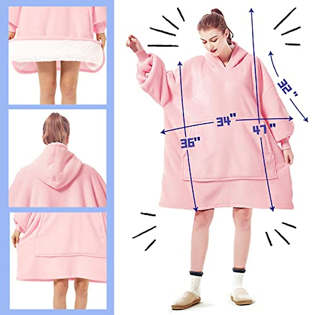 LULUDADA Oversized Wearable Blankets Hoodie for Women Giant Warming Heavy Sweatshirt Sleeves Coat Gifts Adult Sister Wife Fleece Weighted Onesie Pullover Dress（Blush）