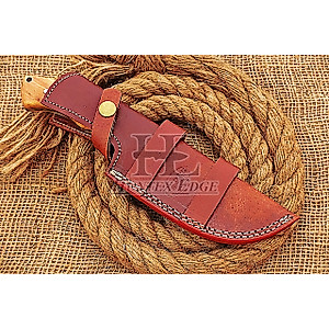 HUNTEX Handmade Exposed Hand-Forged Ladder Pattern Damascus Steel 10 Inch Long Full Tang Oak Wood Handle Razor Sharp Hunting Camping Tracker Knife w/Genuine Leather Pouch