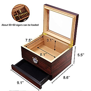 Cigar Humidor Box, Spanish Cedar Cigar Humidor Storage Box Holds 50-60 Cigar Humidors, Keeps 65% - 72% Like Humidity with Glass Top humidors, Stable Hygrometer, Humidifier and Accessory Drawer.