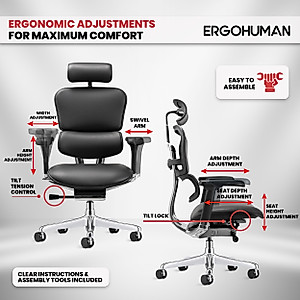 Ergohuman Eurotech LE9ERG Executive High Back Leather Swivel Chair - Office Chair with Tilt Tension Control, Tilt Lock, Back Angle & Height, Synchro Tilt, Seat Height & Depth, & Arm Height Adjustments