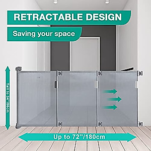Retractable Baby Gates for Staris - PRObebi Retractable Dog Gate, Indoor Safety Gate Extends to 72" Wide 34" Tall, Extra Wide Baby Gate, Mesh Gate for Doorways, Hallways, Outdoor, Grey