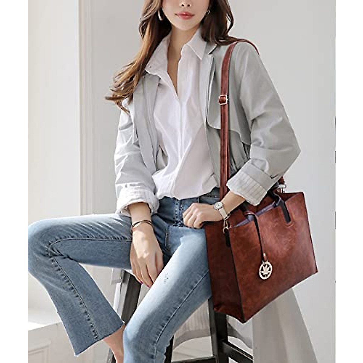 KEEPOP Handbags for Women 3pcs Tote Set PU Leather Shoulder Bags Top-Handle Purses Work Shopper Satchel Chain Crossbody Bag