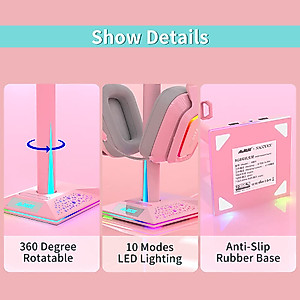 NACODEX Pink RGB Gaming Headphone Stand with 3.5mm AUX & 2 USB Port, Touch Control 10 Lighting Mode Headset Holder for PC Gamers Desk Accessories (Pink)