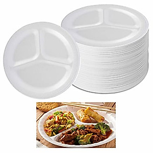 220 Ct Heavy Duty Foam Plates 3 Section Compartment White Soak Proof Bulk 8-7/8" Everyday Disposable Plate Dinner Soak Proof Divided Compartment Tray Eating Parties Events White Round Sturdy Strong