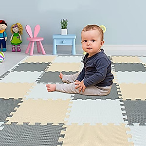 Yostrong® 16 Tiles Interlocking Puzzle Foam Baby Play Mat with Straight Edges for Playing - EVA Babies Crawling Mat | Rubber Floor Work out Mats for Home Gym. White, Beige, Gray. YOC-AJLb16S16