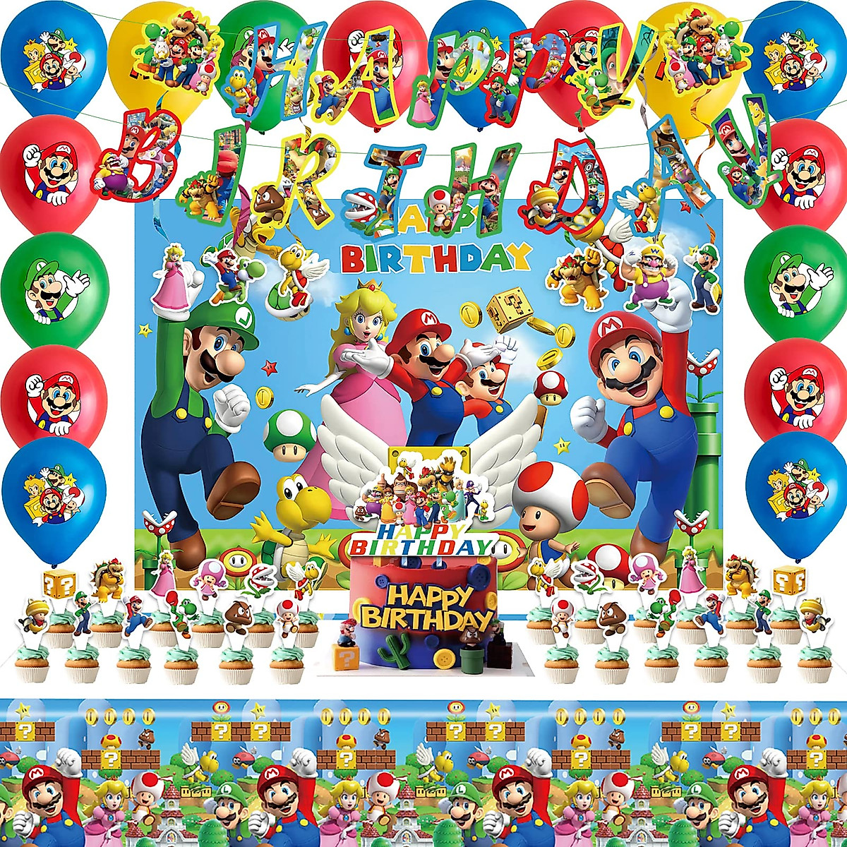 Mario Birthday Party Supplies Birthday Decorations Party Decorations Include Backdrop, Tablecloth, Birthday Banners, Cake Decoration, 24 Cupcake Toppers, 16 Latex Balloons, 6 Hanging Swirls