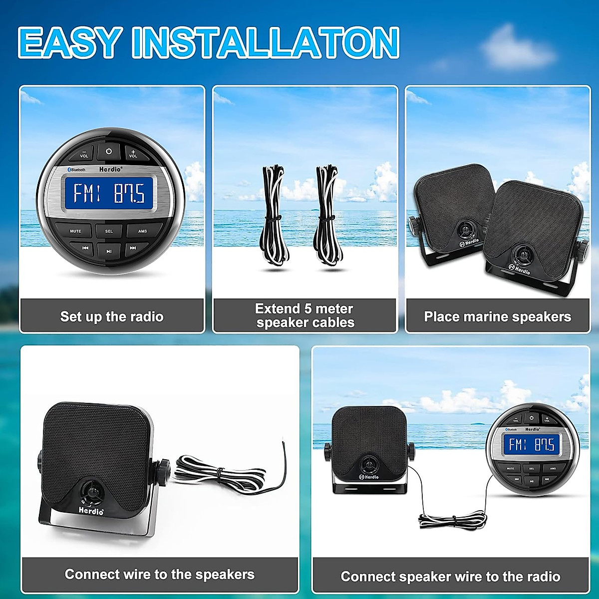 Herdio Marine Radio Package- IPX6 Receiver Compatible with Bluetooth, 1 Pair 4 Inch Marine Speakers, AM FM Antenna for Boat ATV UTV (Black)