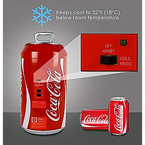 Coca-Cola 8 Can Portable Mini Fridge w/ 12V DC and 110V AC Cords, 5.4L (5.7 qt) Can Shaped Personal Cooler, Red, Travel Fridge for Drinks, Snacks, Lunch, Home, Office, Dorm Room, RV